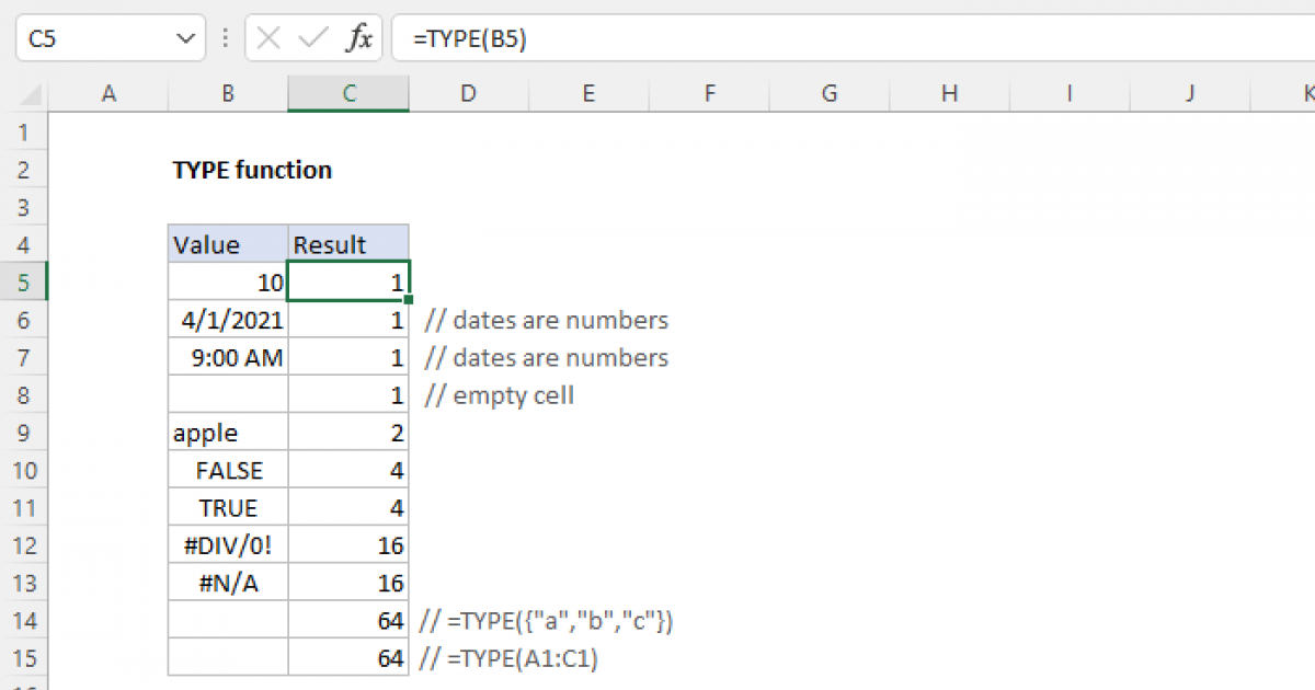 Excel TYPE function | Exceljet
